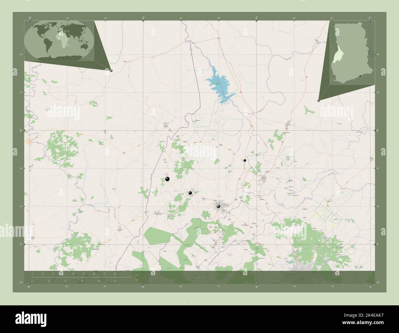 Bono, region of Ghana. Open Street Map. Locations of major cities of ...
