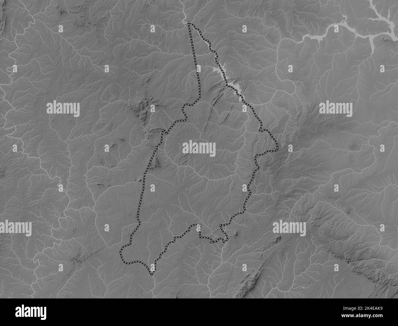 Bono, region of Ghana. Grayscale elevation map with lakes and rivers ...