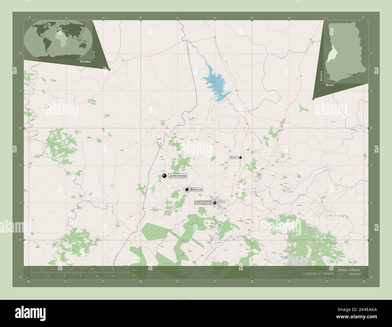 Bono, region of Ghana. Open Street Map. Locations and names of major ...