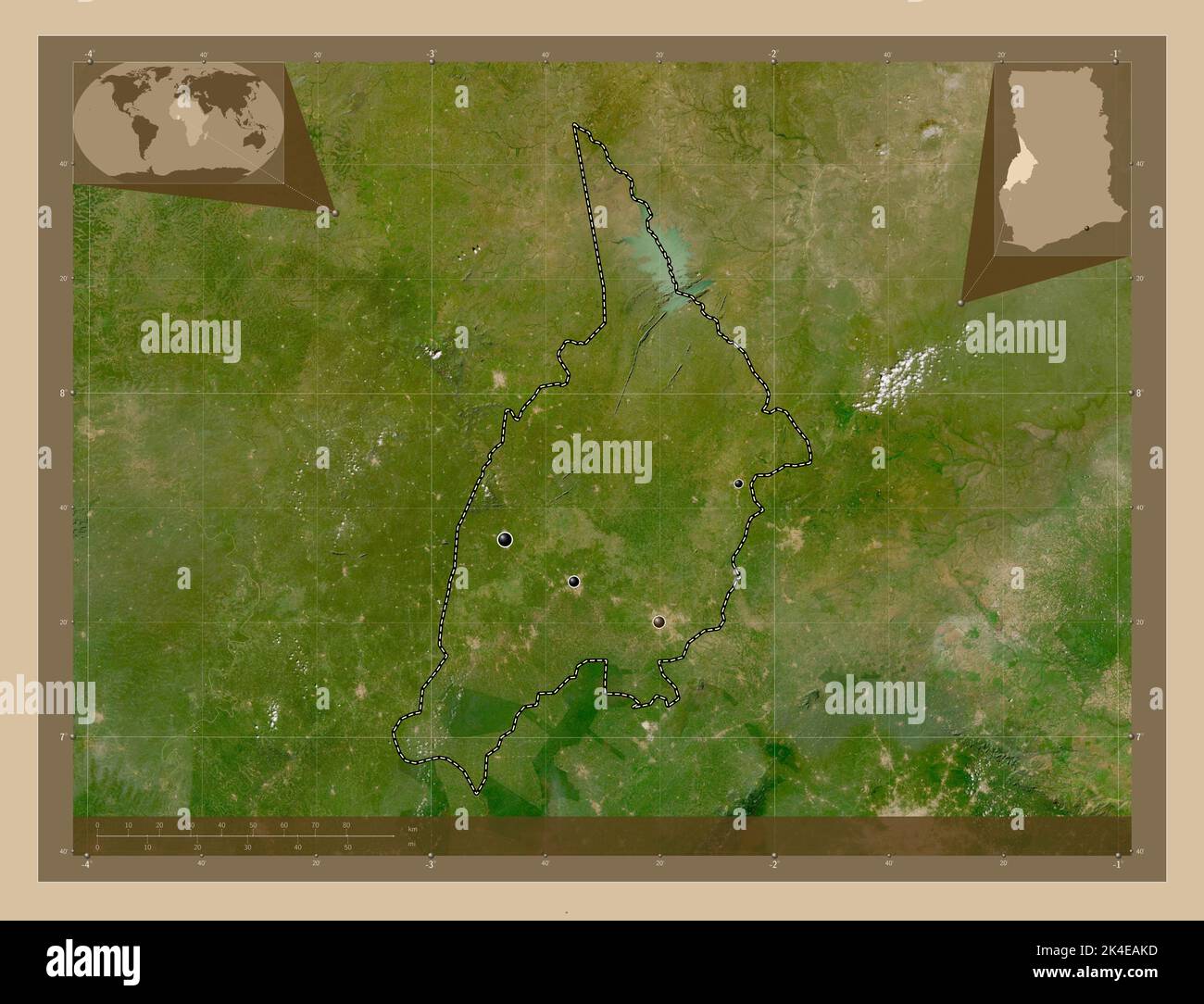 Bono, region of Ghana. Low resolution satellite map. Locations of major ...