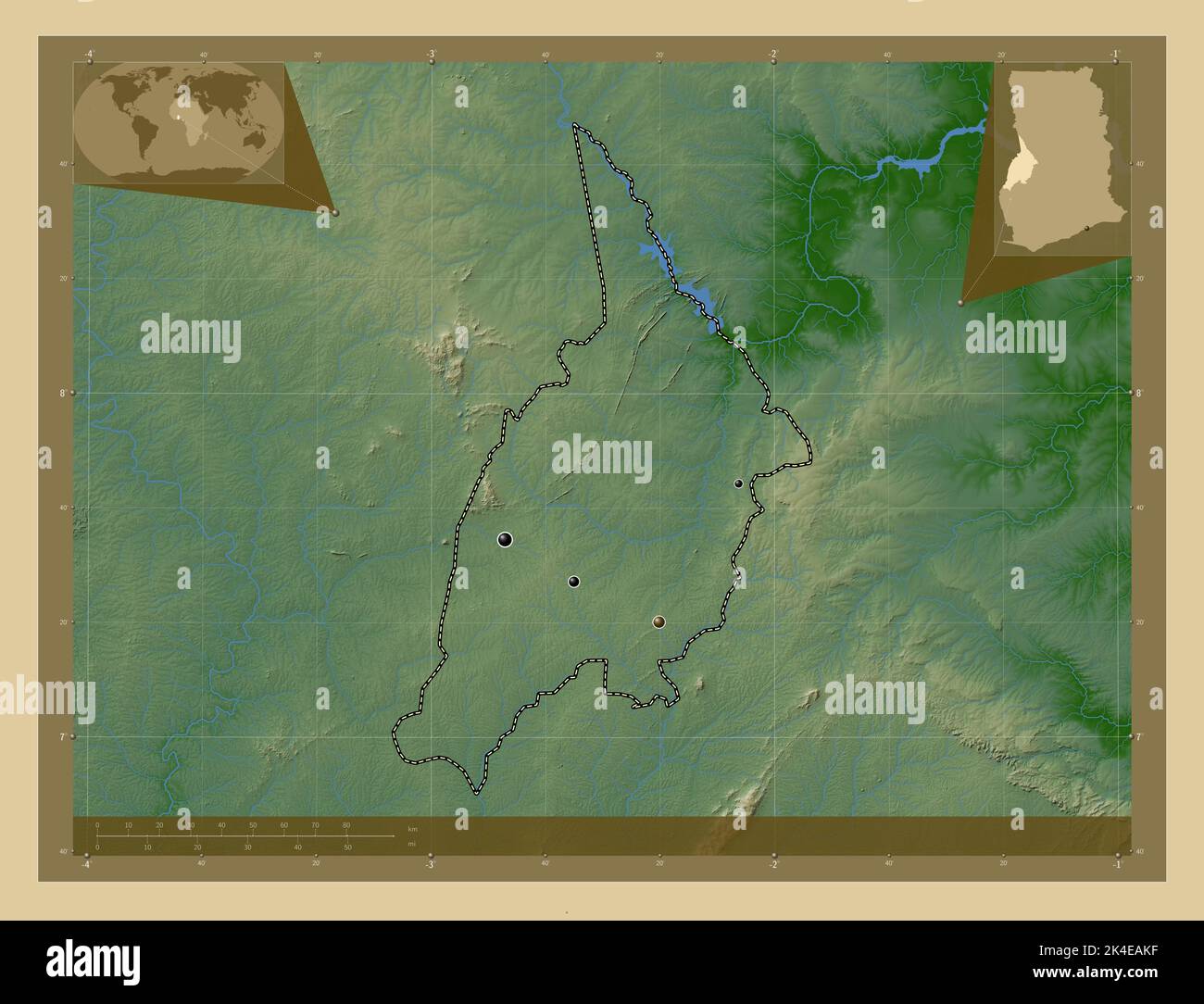 Bono, region of Ghana. Colored elevation map with lakes and rivers ...