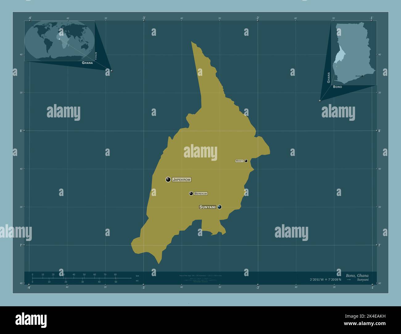 Bono, region of Ghana. Solid color shape. Locations and names of major ...