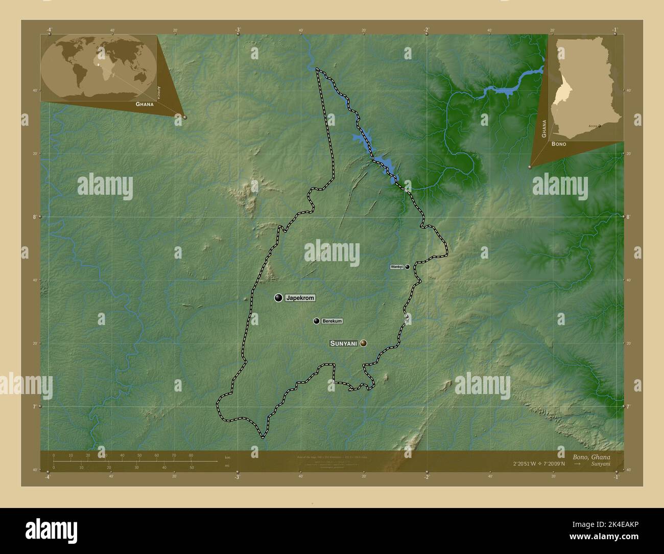 Bono, region of Ghana. Colored elevation map with lakes and rivers ...