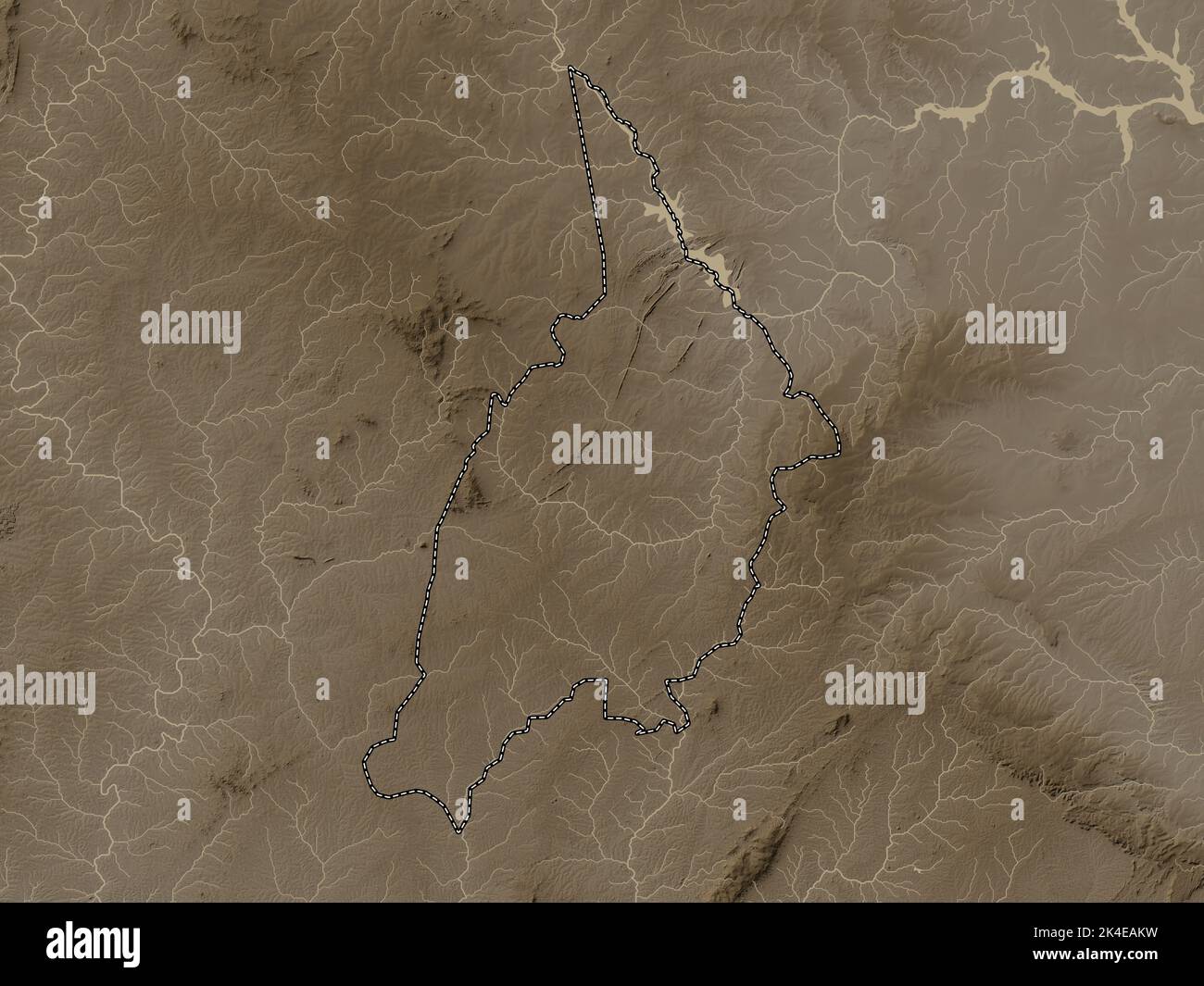 Bono, region of Ghana. Elevation map colored in sepia tones with lakes ...