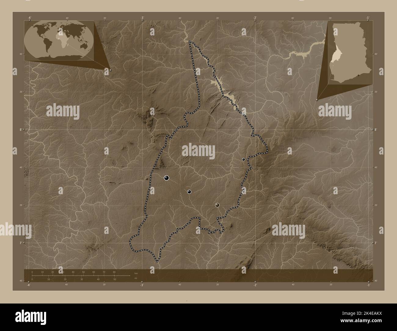 Bono, region of Ghana. Elevation map colored in sepia tones with lakes ...
