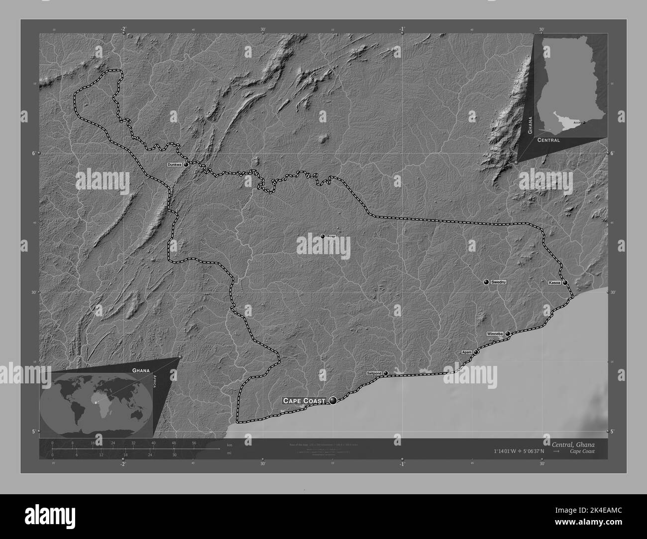 Central, region of Ghana. Bilevel elevation map with lakes and rivers ...