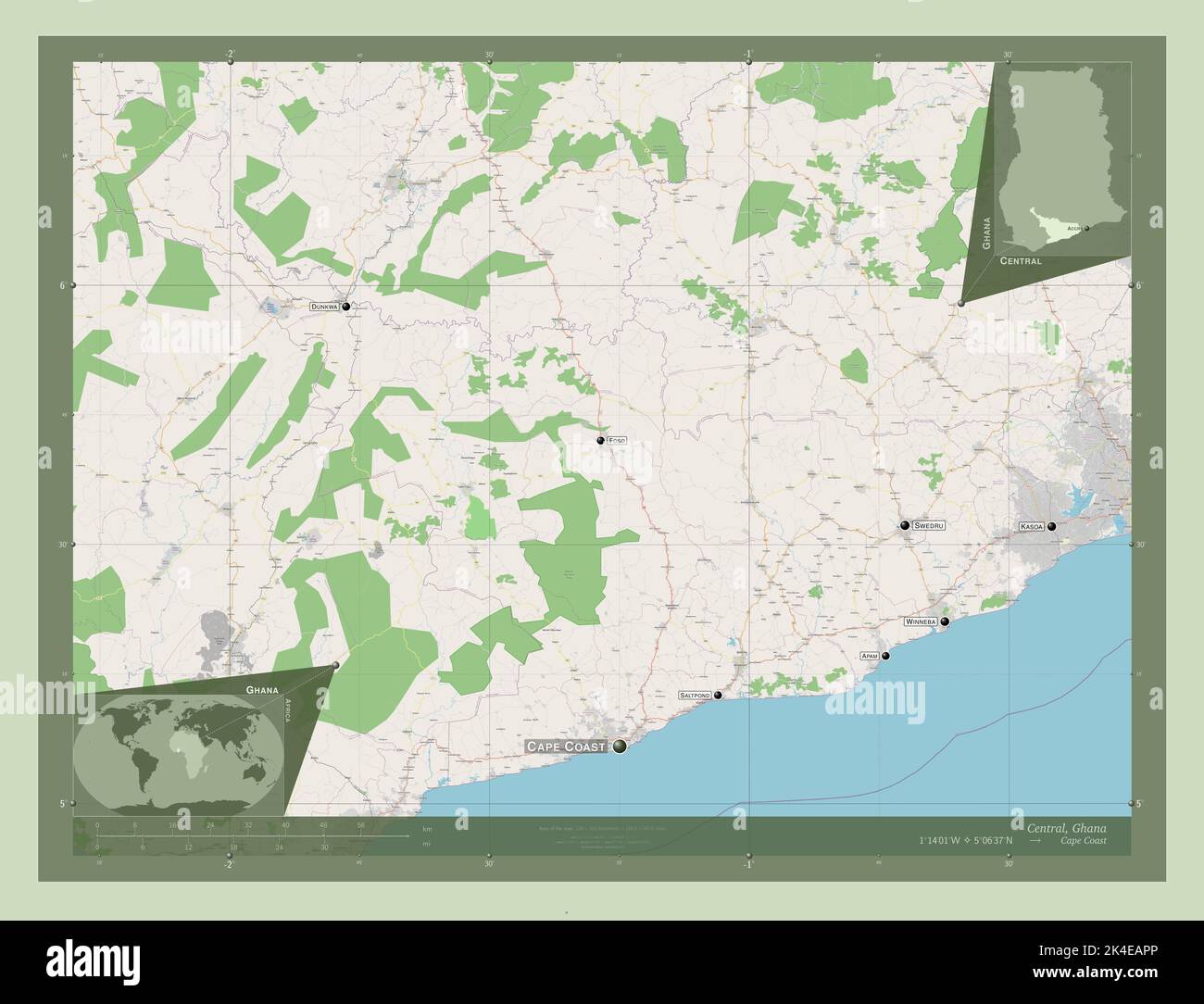 Central, region of Ghana. Open Street Map. Locations and names of major ...