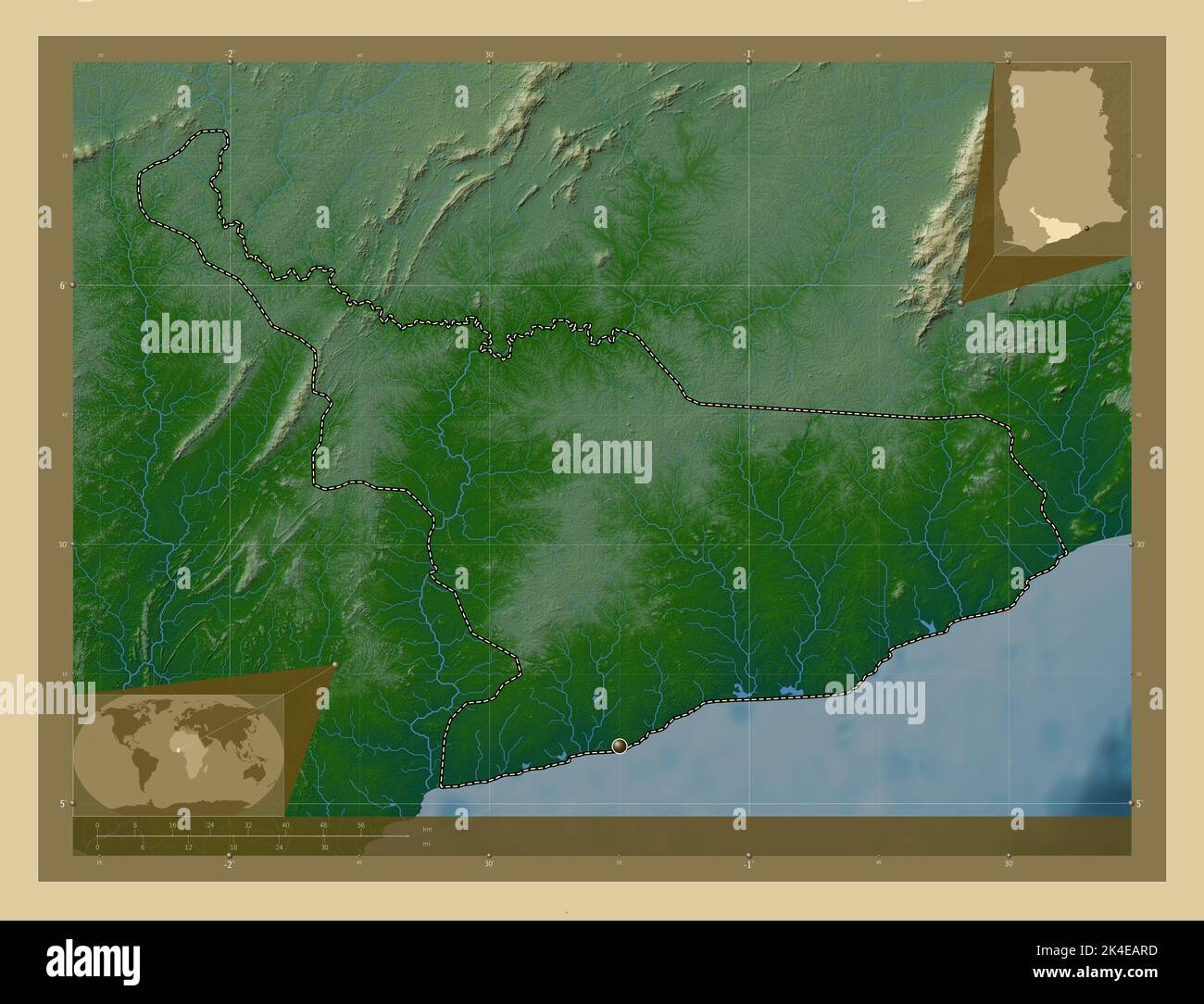 Central, region of Ghana. Colored elevation map with lakes and rivers ...