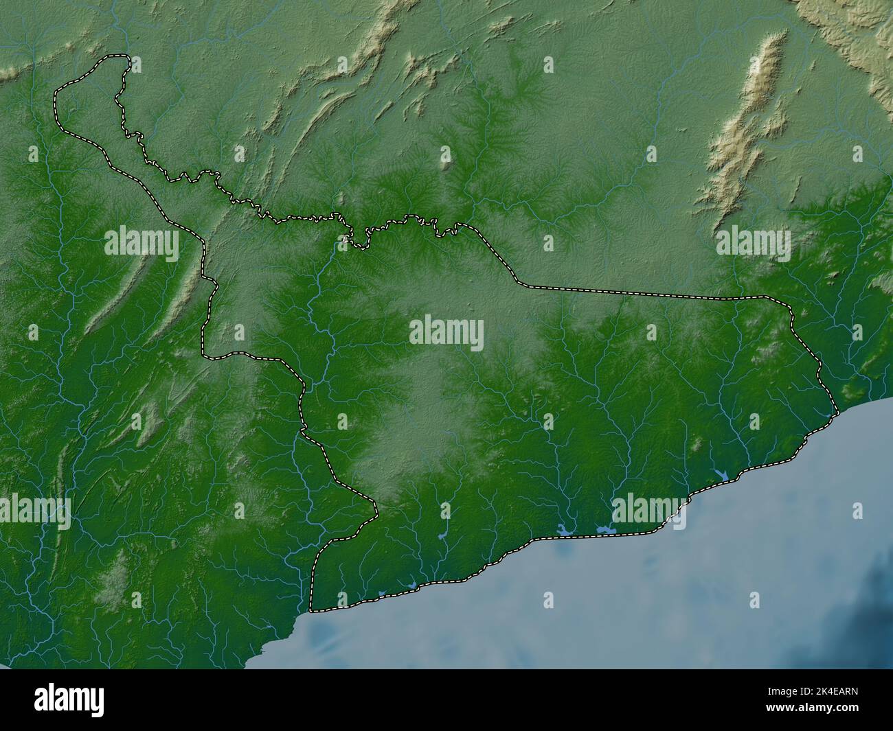Central, region of Ghana. Colored elevation map with lakes and rivers ...