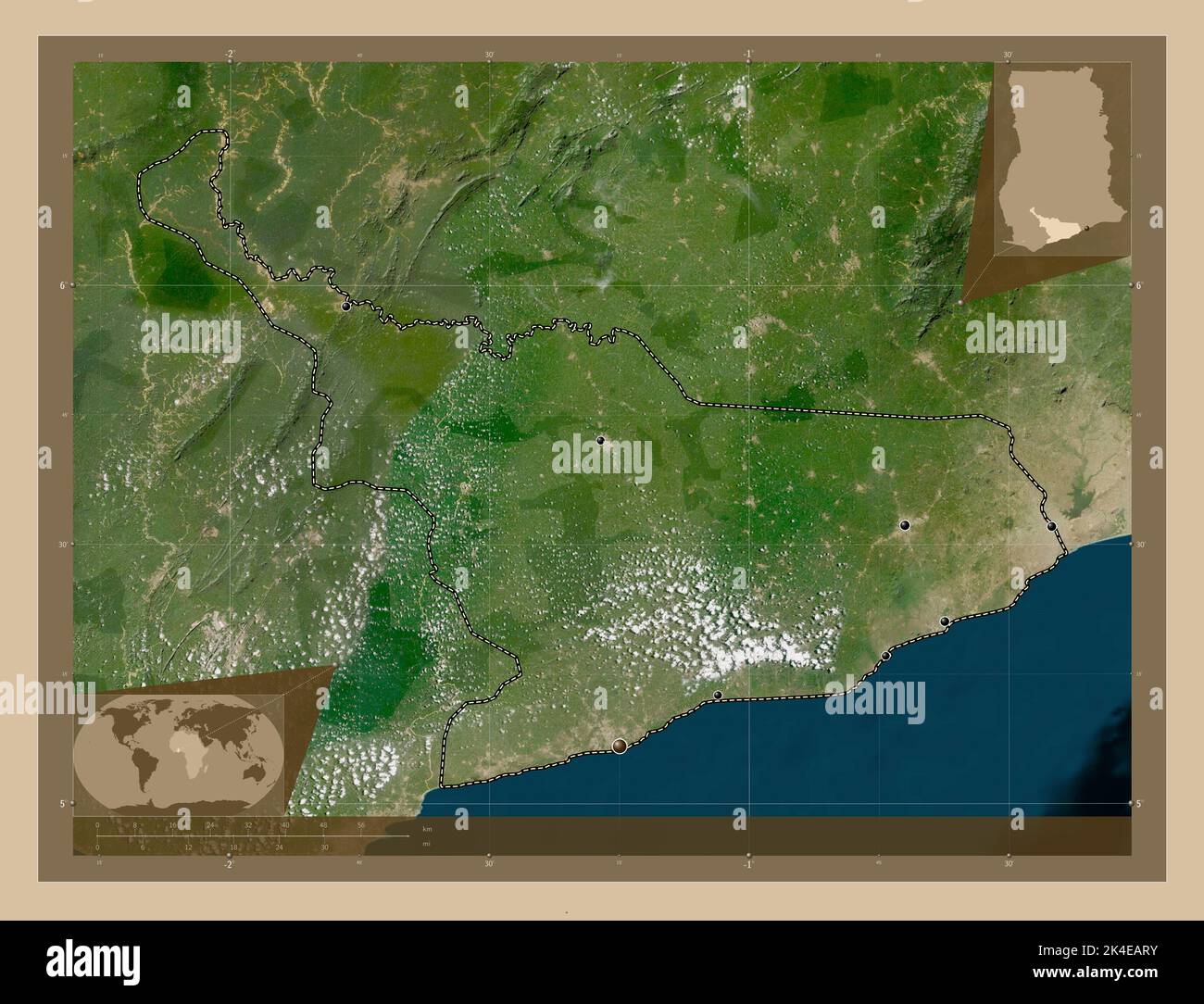 Central, region of Ghana. Low resolution satellite map. Locations of ...