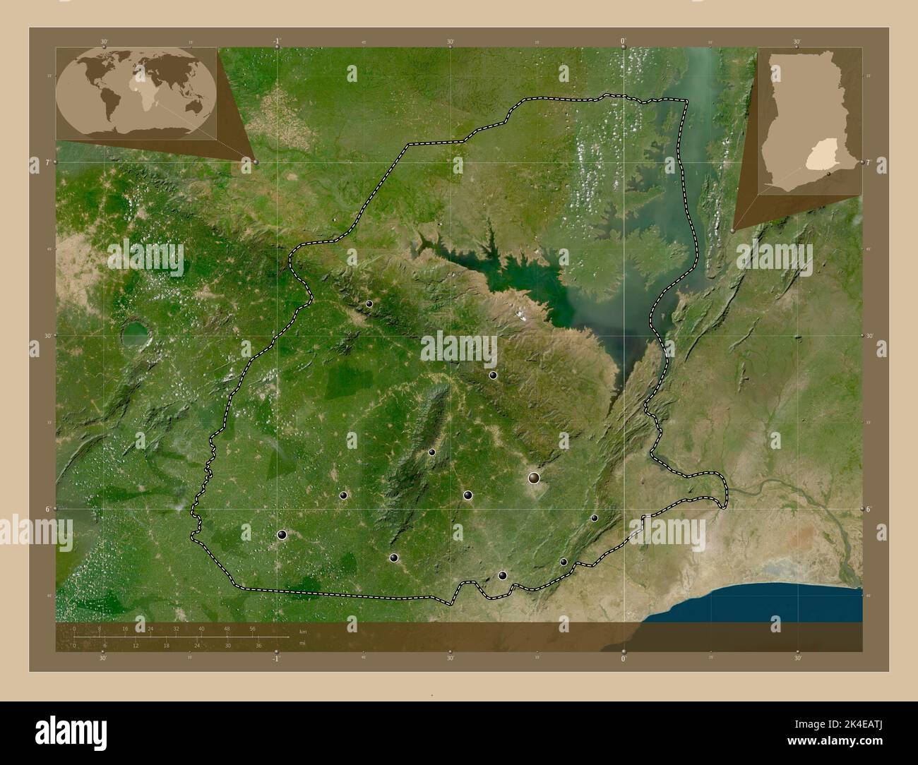 Eastern, region of Ghana. Low resolution satellite map. Locations of ...