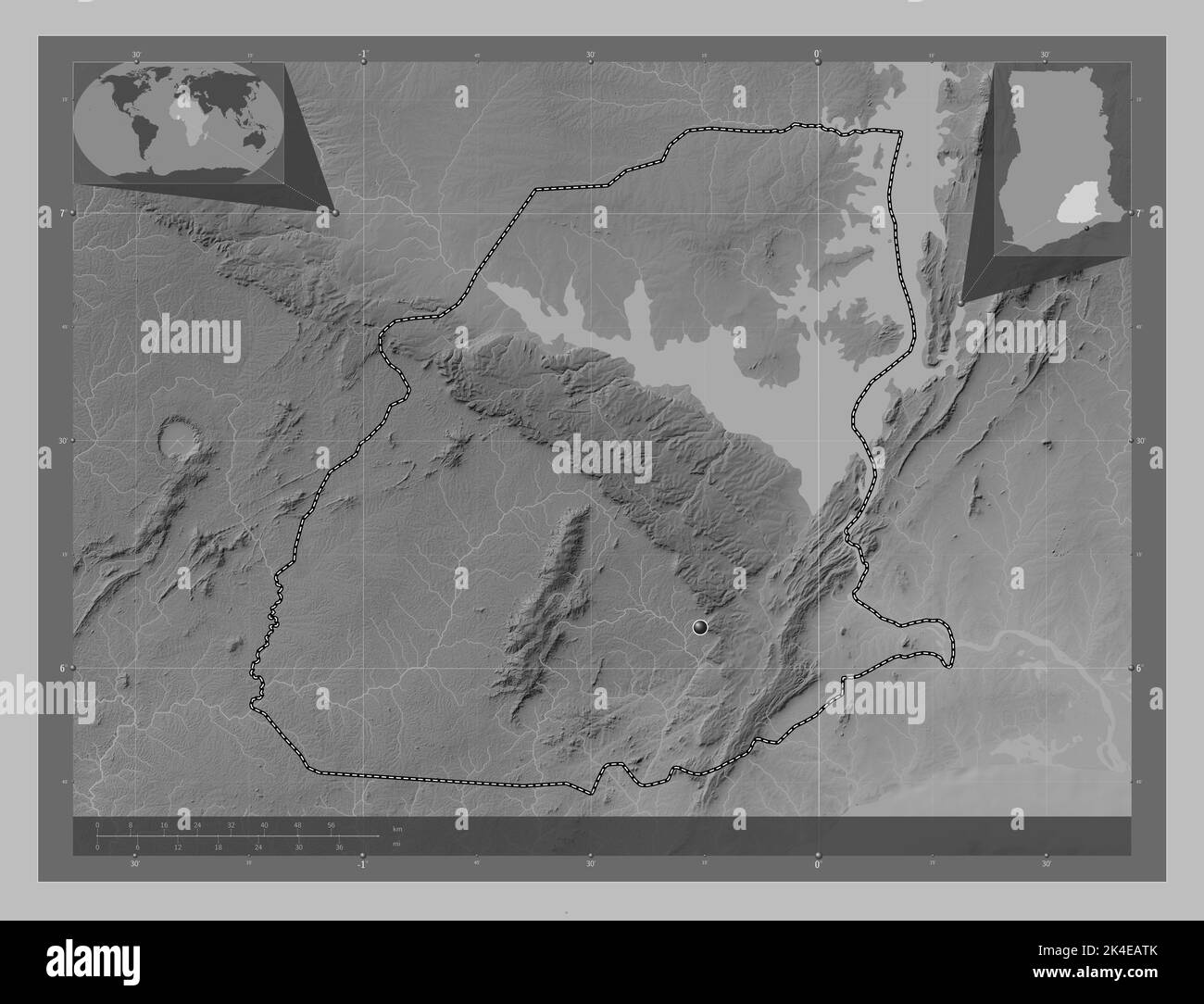 Eastern, region of Ghana. Grayscale elevation map with lakes and rivers ...