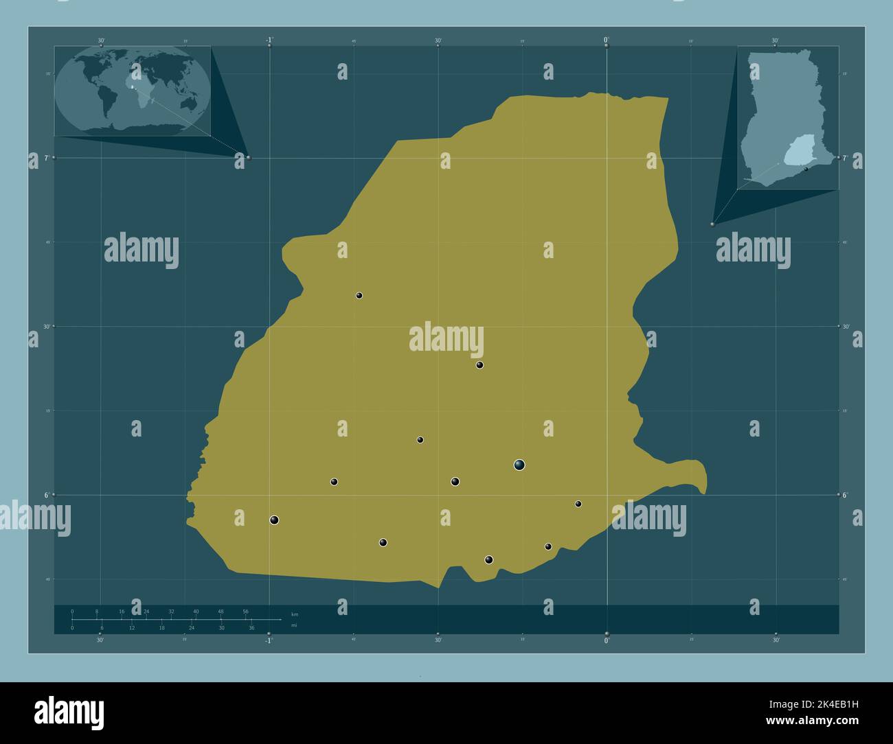 Eastern, region of Ghana. Solid color shape. Locations of major cities ...