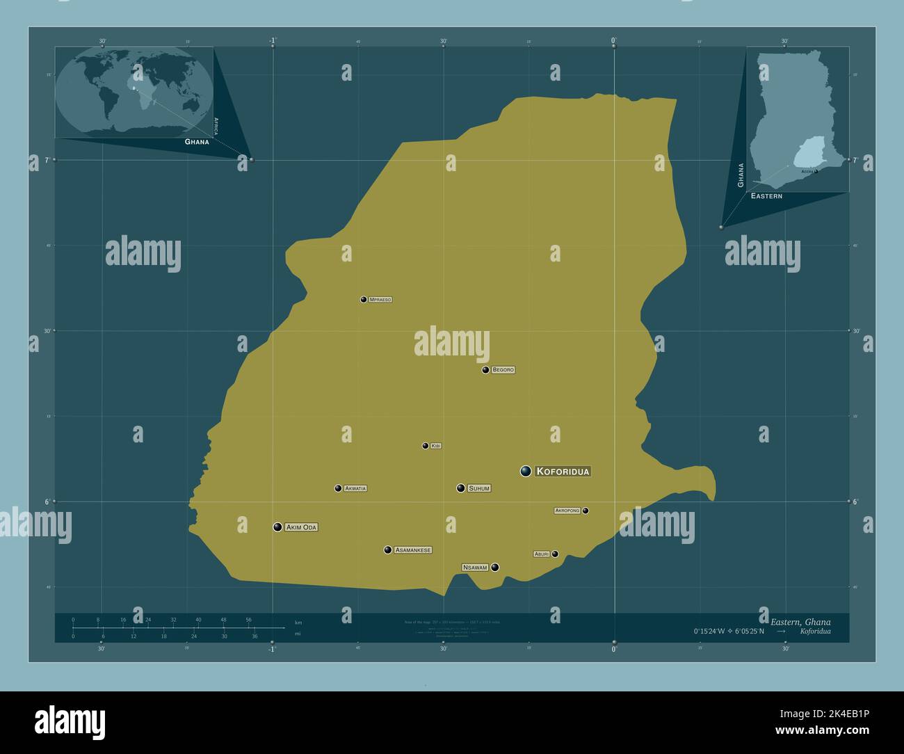 Eastern, region of Ghana. Solid color shape. Locations and names of ...