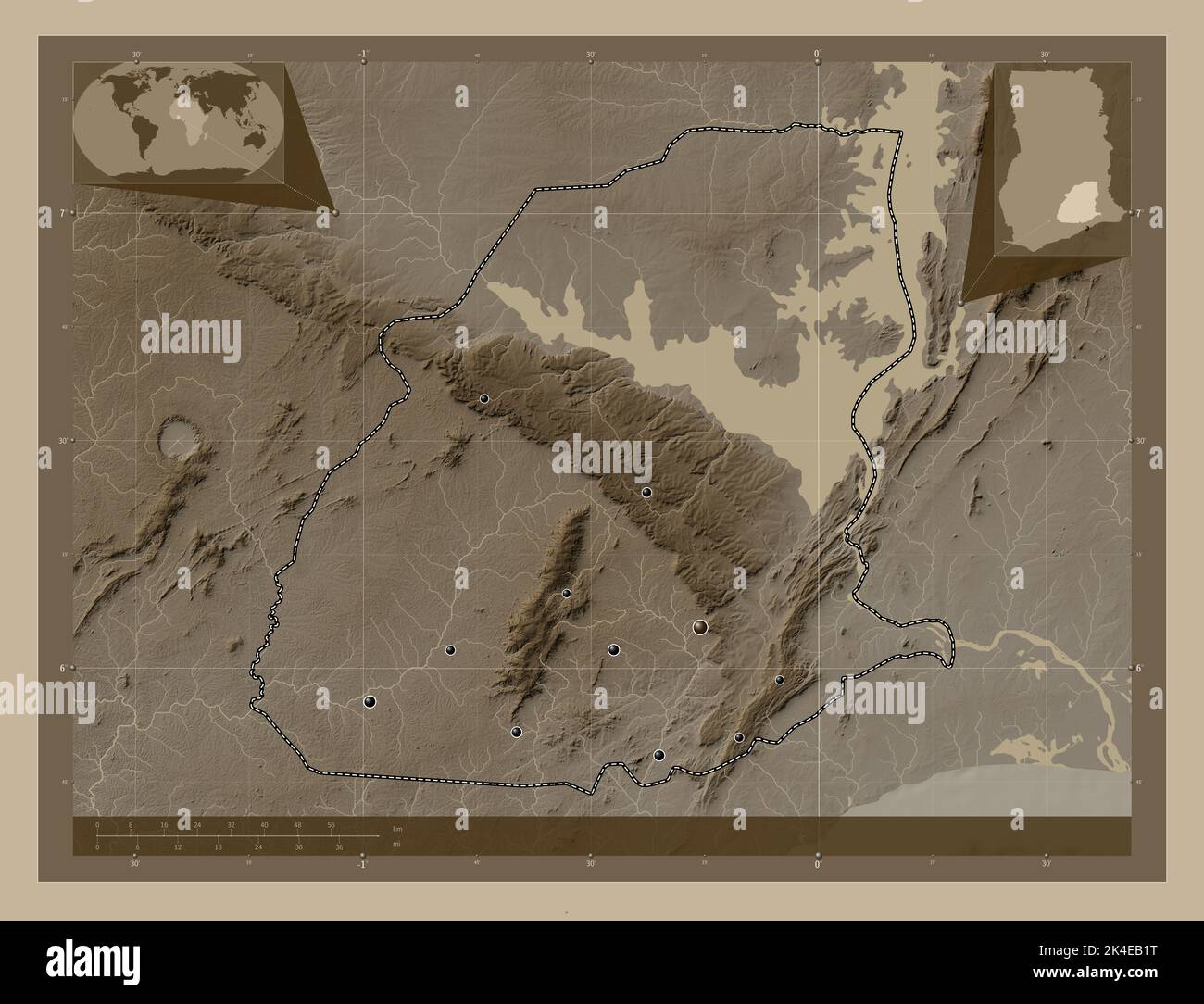 Eastern, region of Ghana. Elevation map colored in sepia tones with ...