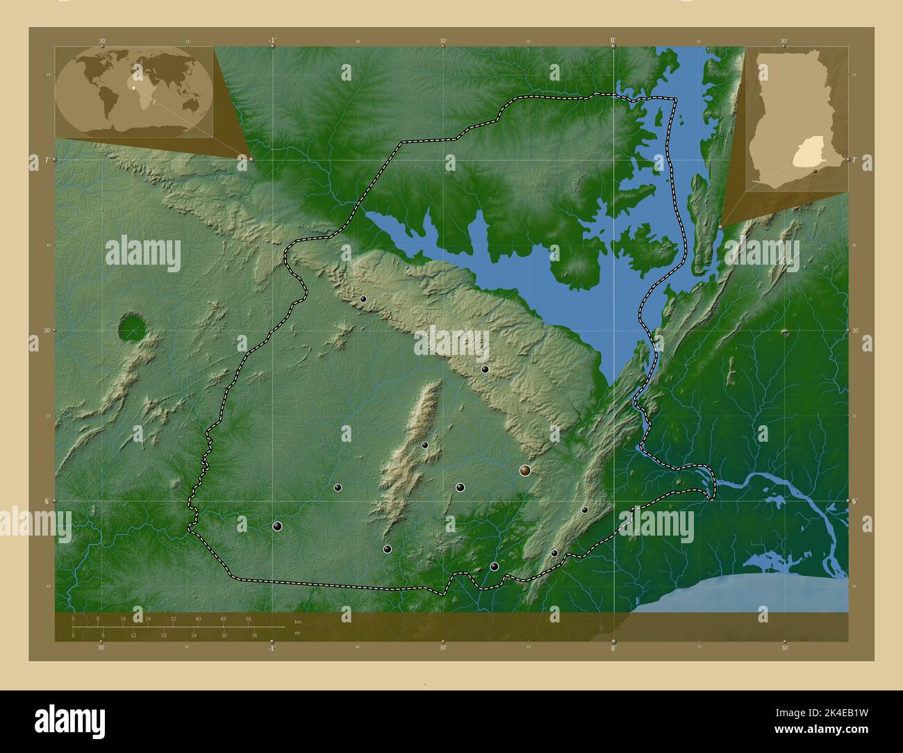 Eastern, region of Ghana. Colored elevation map with lakes and rivers ...