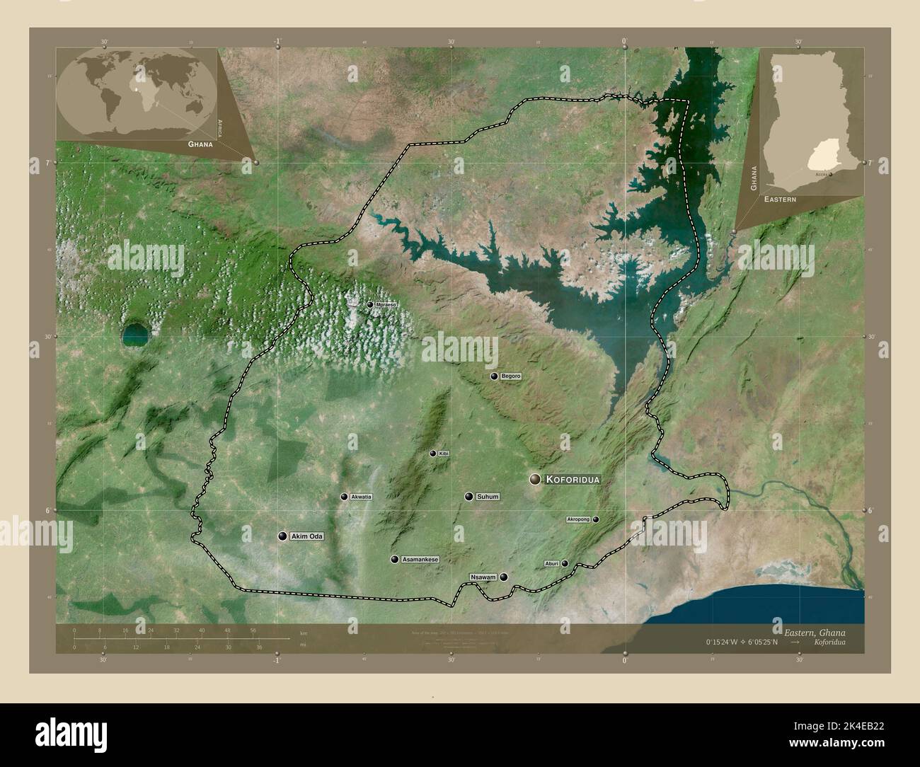 Eastern, region of Ghana. High resolution satellite map. Locations and ...