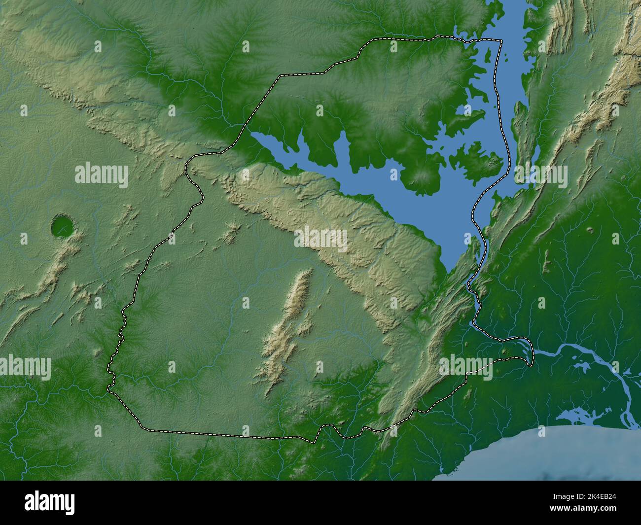 Eastern, region of Ghana. Colored elevation map with lakes and rivers ...