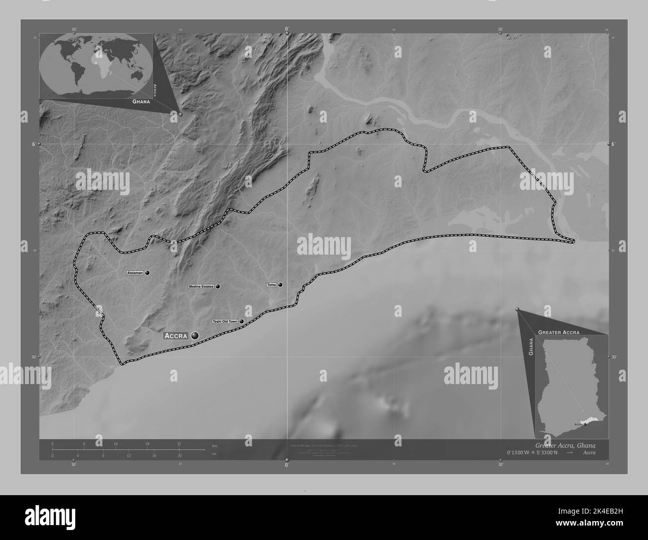Greater Accra, region of Ghana. Grayscale elevation map with lakes and ...