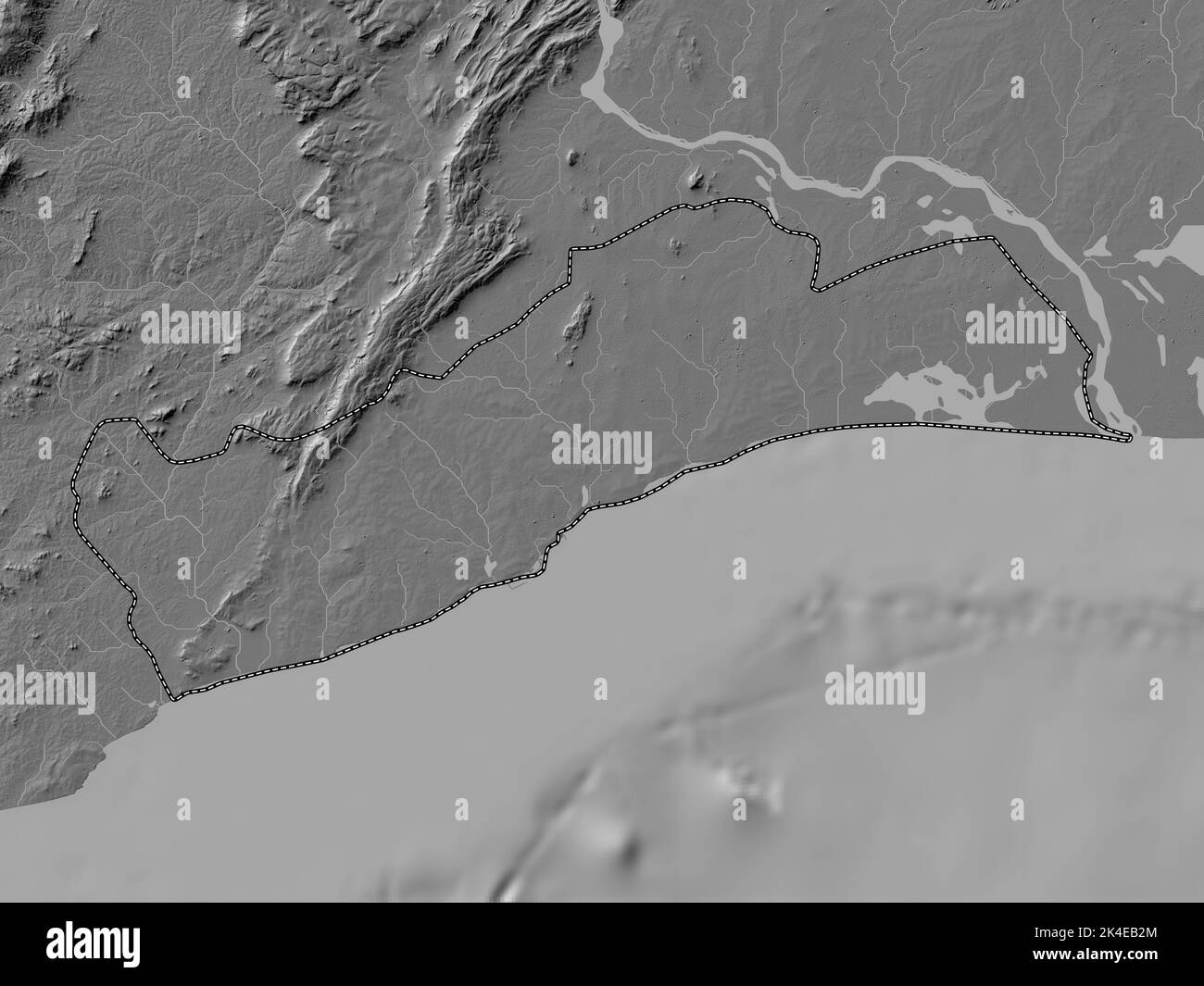 Greater Accra, region of Ghana. Bilevel elevation map with lakes and ...