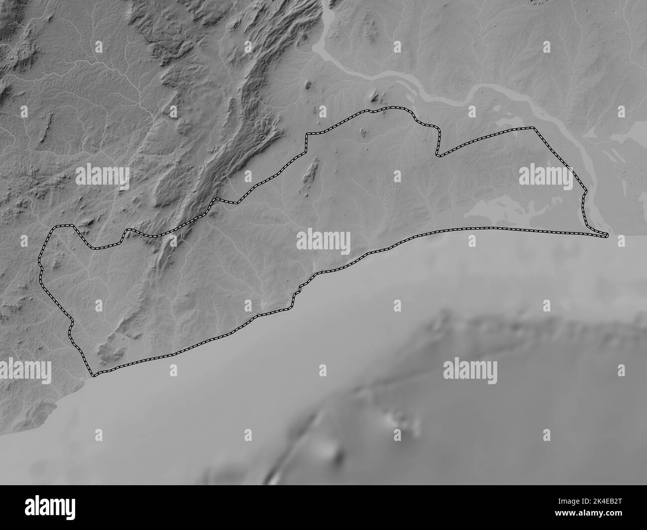 Greater Accra, region of Ghana. Grayscale elevation map with lakes and ...