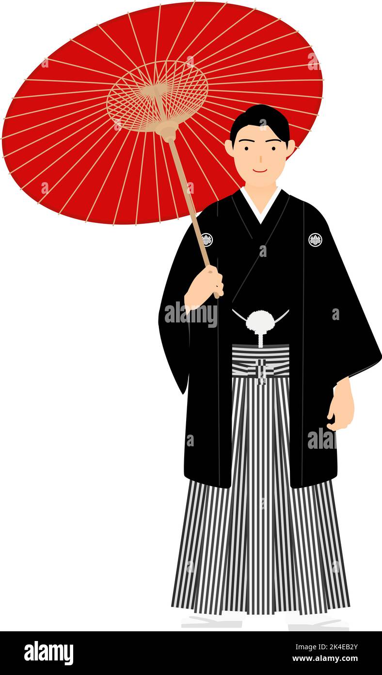 A man in kimono, wearing a crested hakama, Posing with an umbrella ...