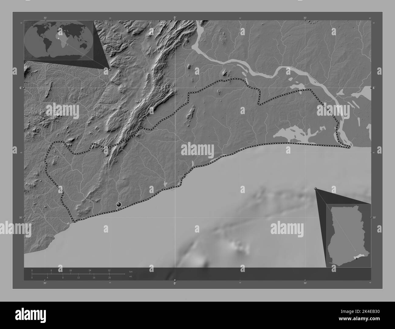 Greater Accra, region of Ghana. Bilevel elevation map with lakes and ...
