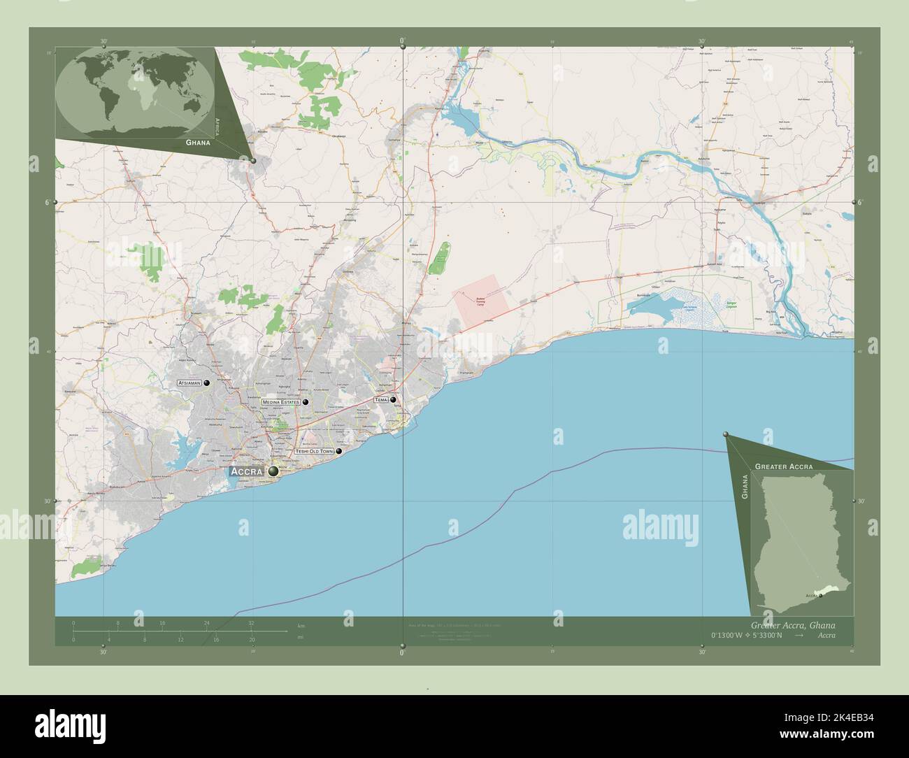 Greater Accra, region of Ghana. Open Street Map. Locations and names of major cities of the ...