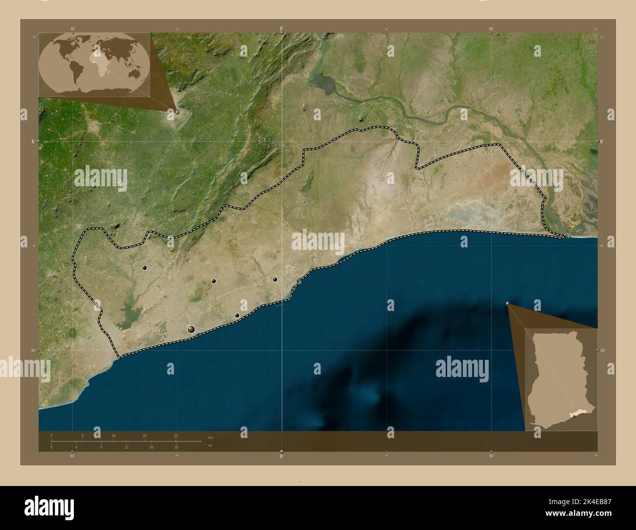 Greater Accra, region of Ghana. Low resolution satellite map. Locations ...