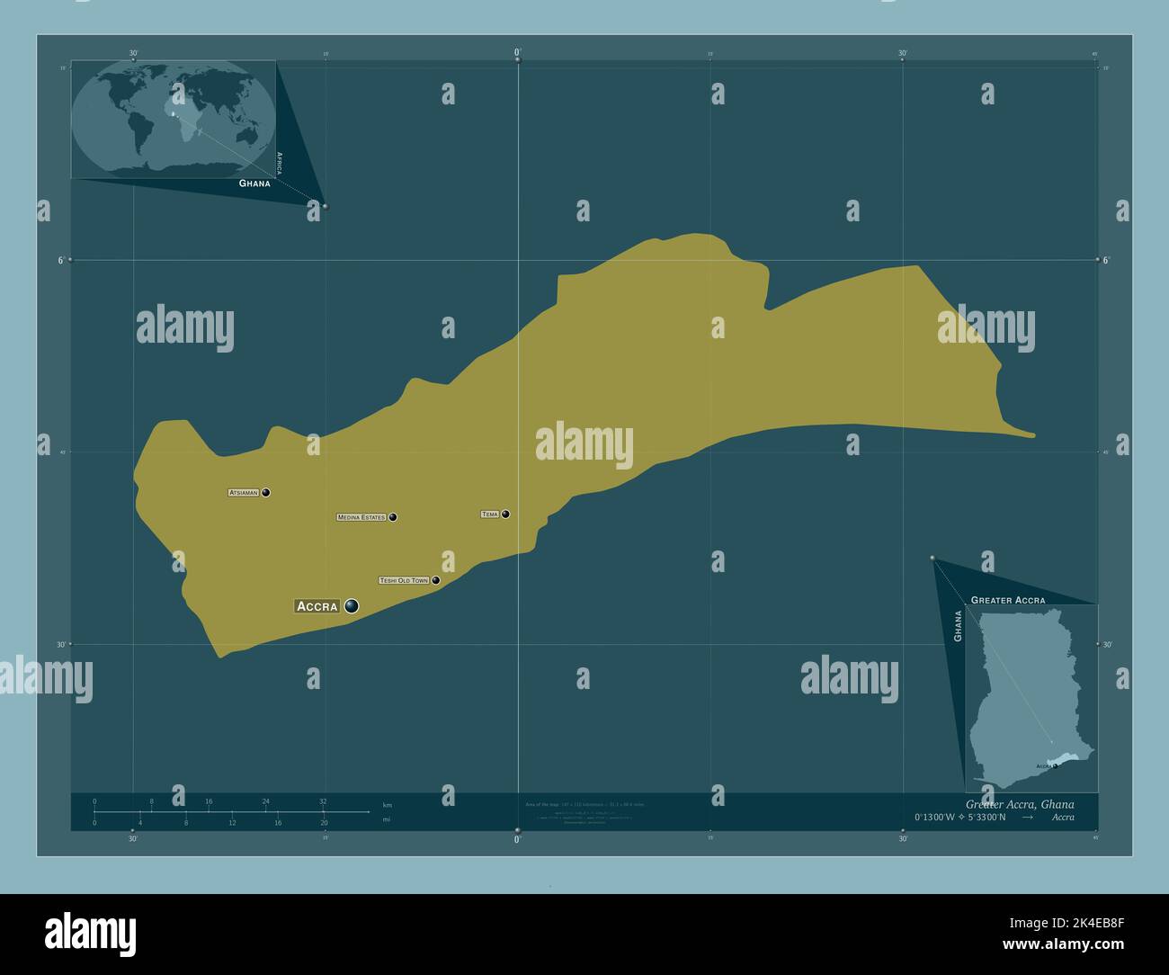 Greater Accra, region of Ghana. Solid color shape. Locations and names ...