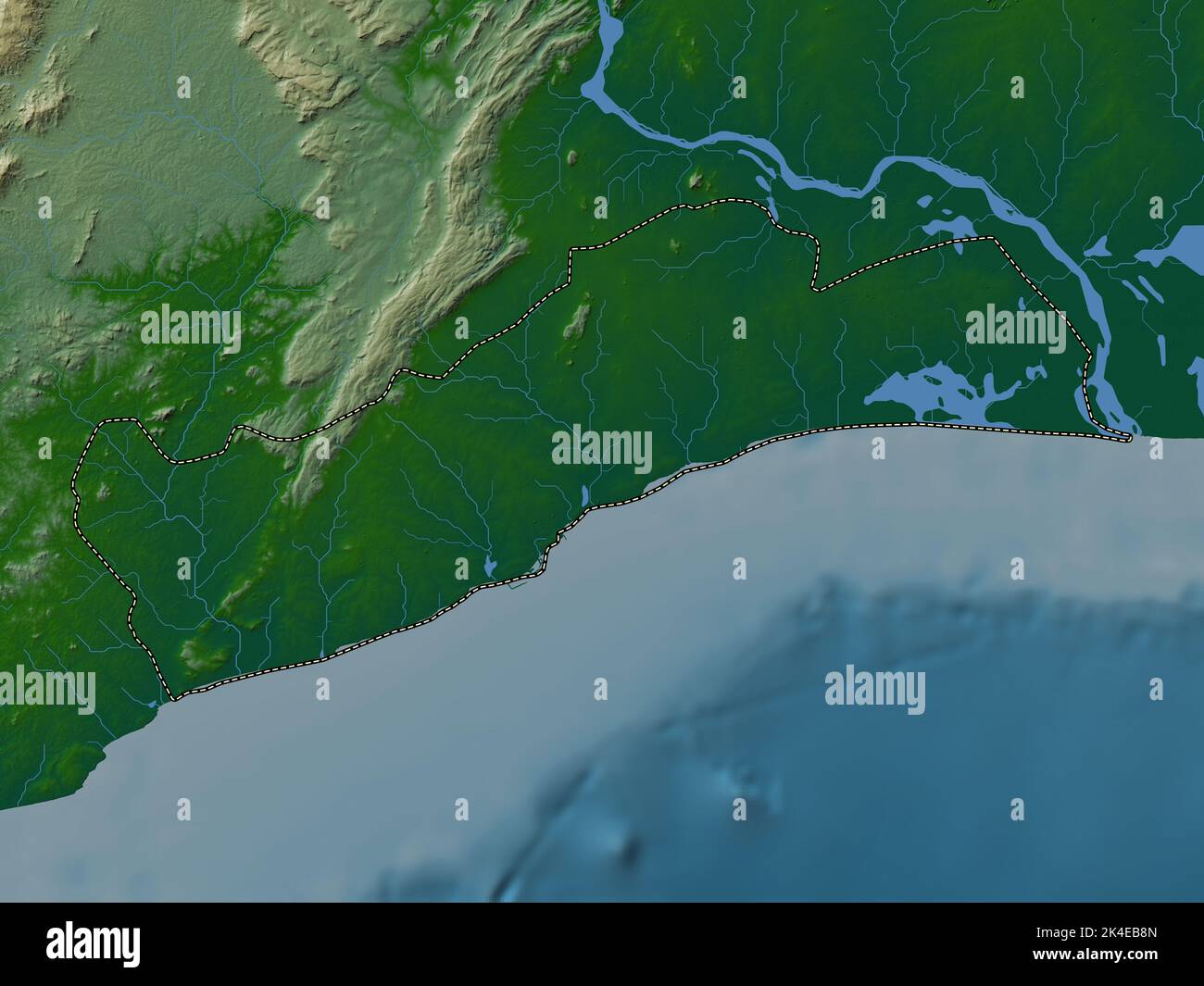 Greater Accra, region of Ghana. Colored elevation map with lakes and ...