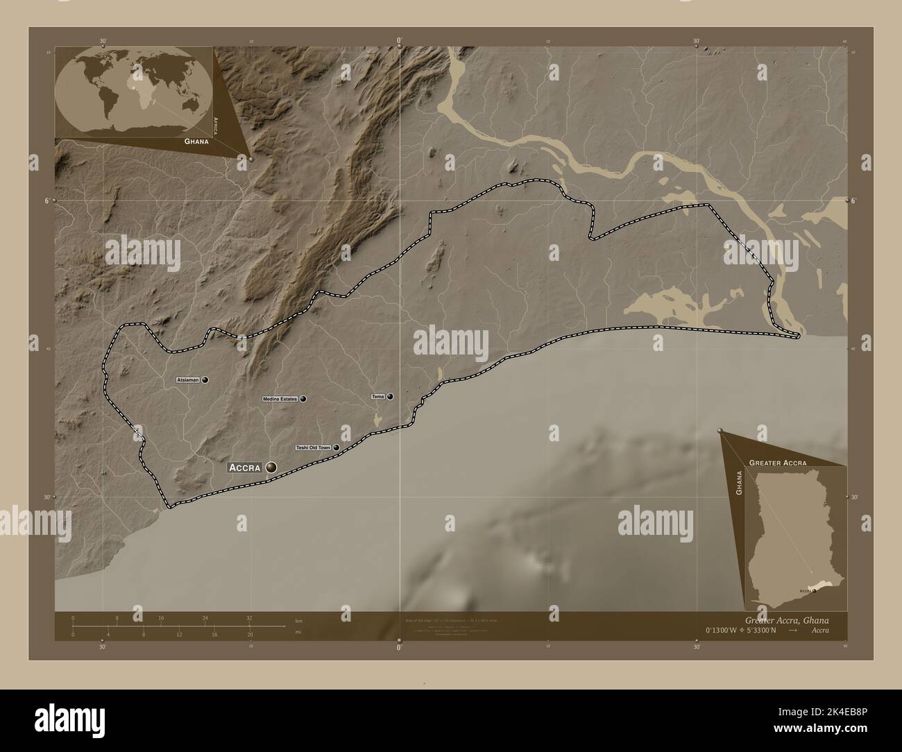 Greater Accra, region of Ghana. Elevation map colored in sepia tones ...