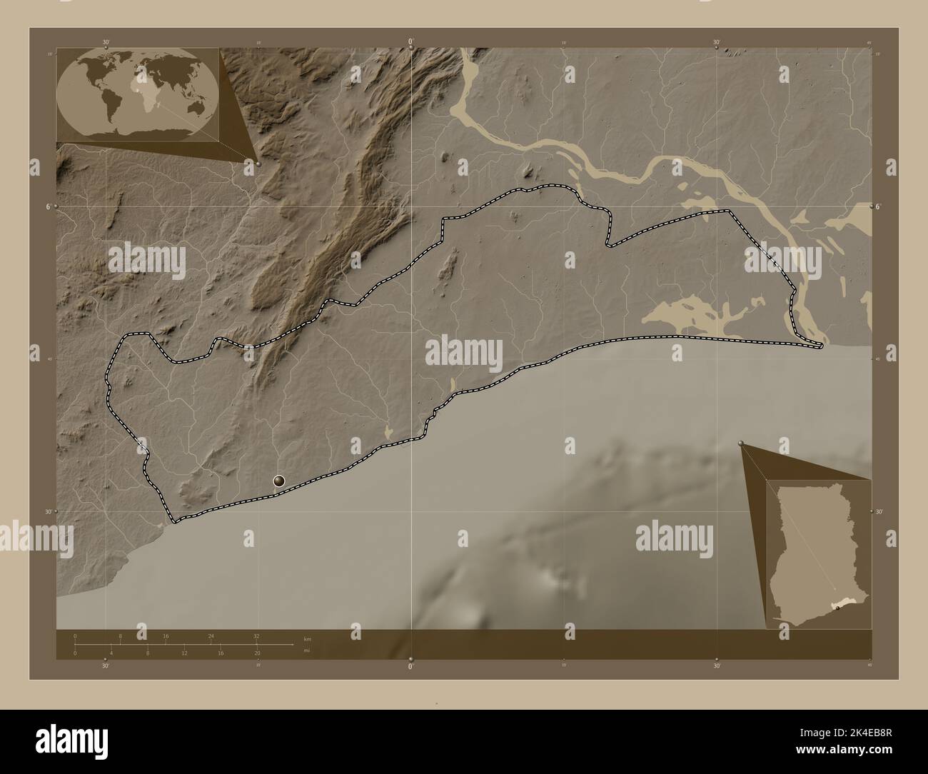 Greater Accra, region of Ghana. Elevation map colored in sepia tones ...