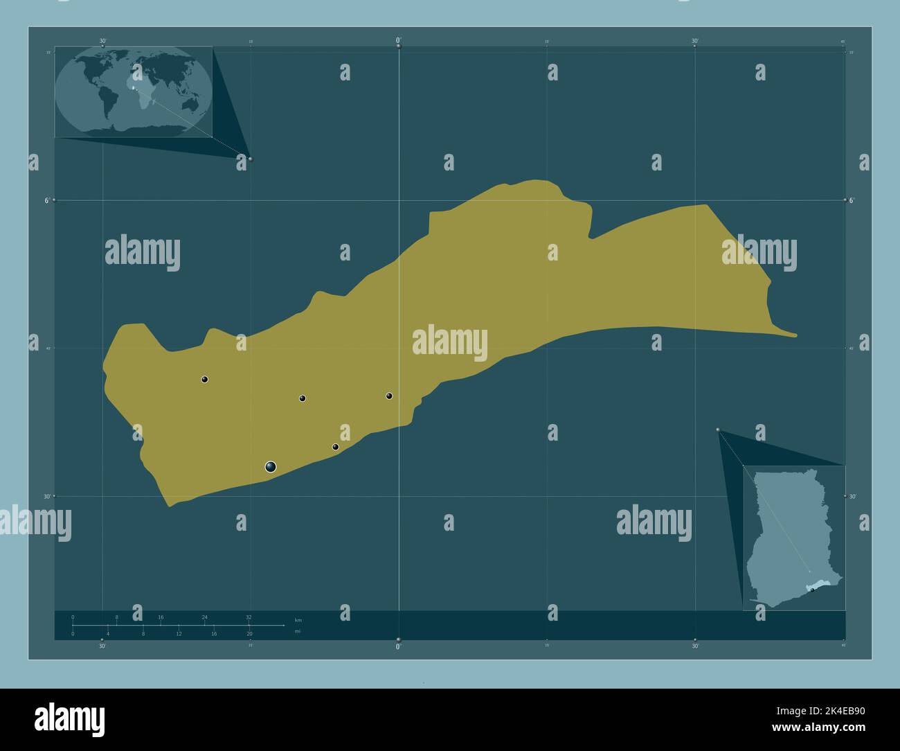 Greater Accra, region of Ghana. Solid color shape. Locations of major ...