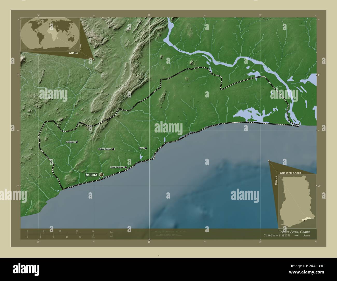 Greater Accra, region of Ghana. Elevation map colored in wiki style ...