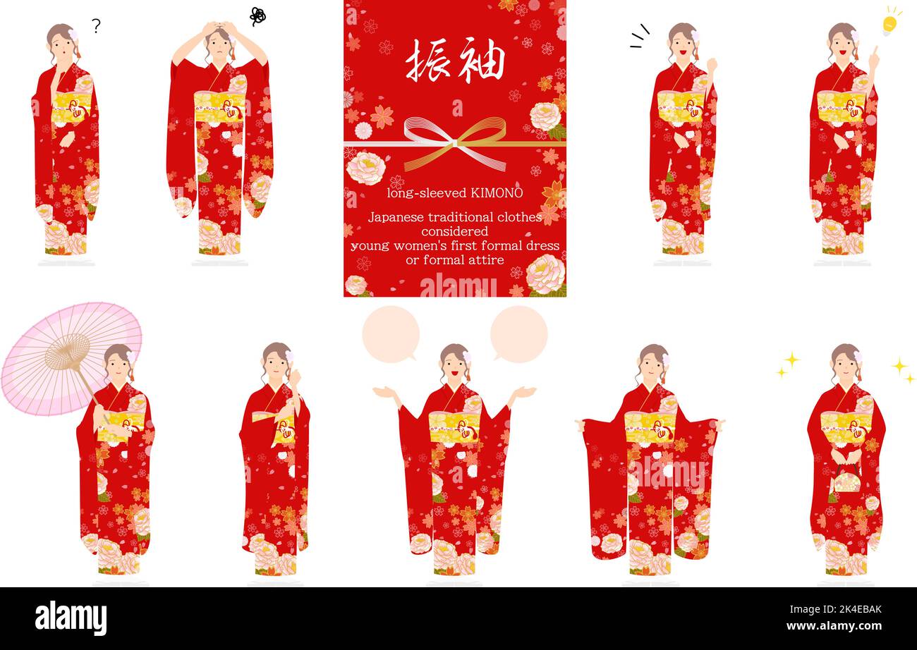 Posed set of women in kimono, kimono, and furisode sleeves.Questioning ...
