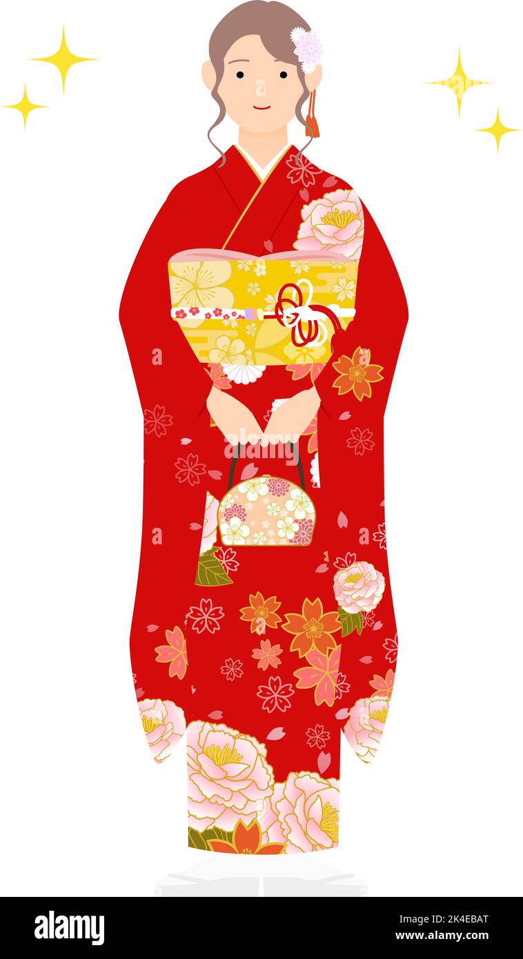 A woman in kimono, wearing a furisode (long-sleeved kimono)Face front ...