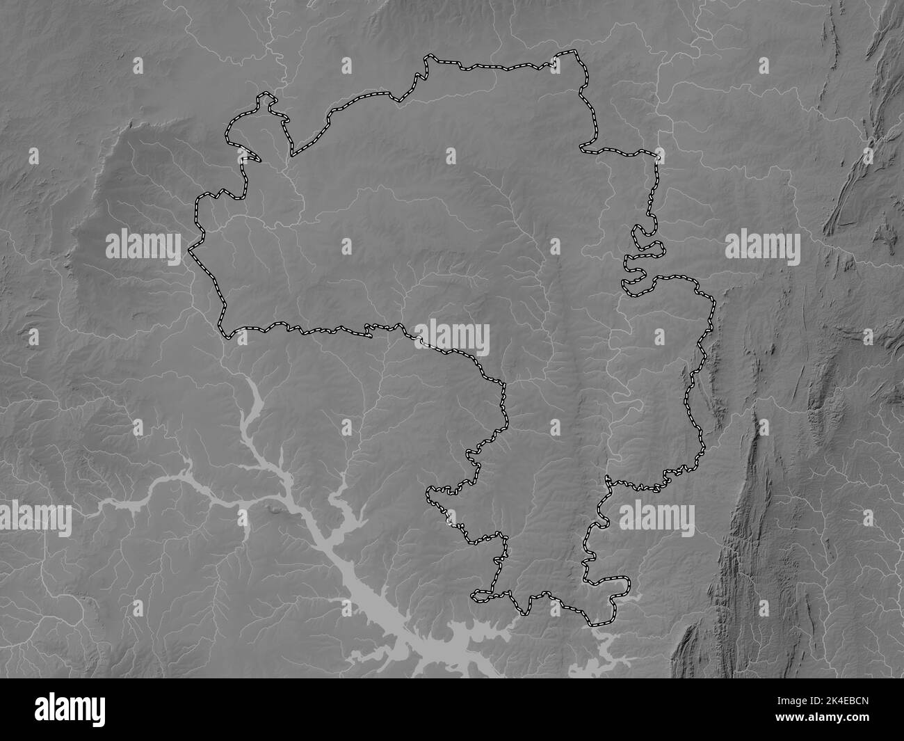 Northern, region of Ghana. Grayscale elevation map with lakes and ...