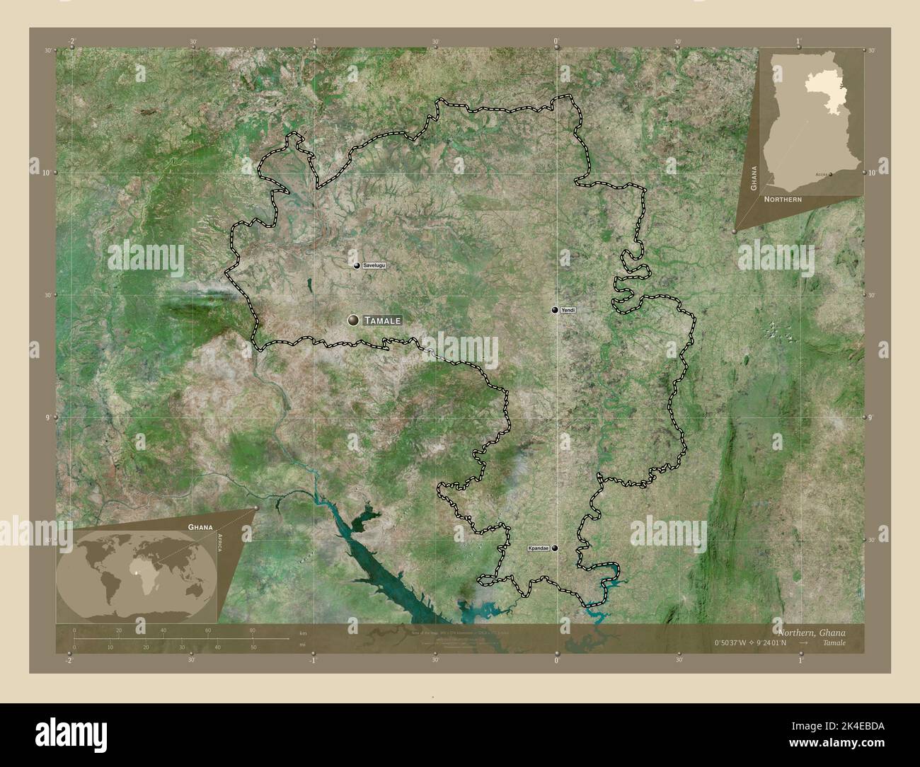 Northern, region of Ghana. High resolution satellite map. Locations and ...