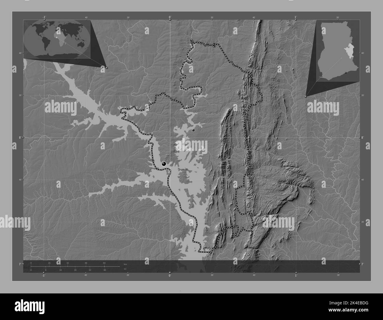Oti, region of Ghana. Bilevel elevation map with lakes and rivers ...