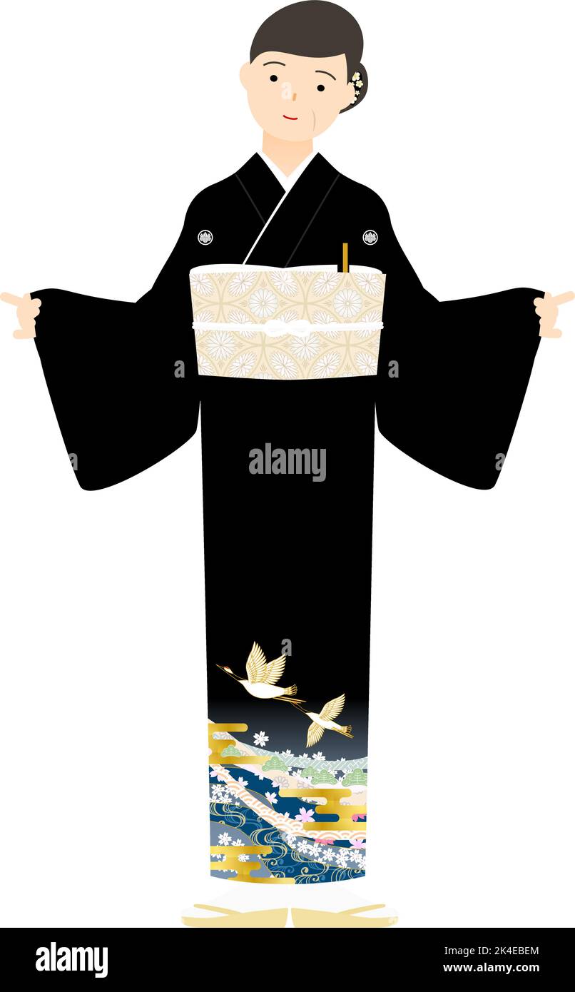 Senior woman in kurotomesode, kimono-clad, posed setPicking up the ...