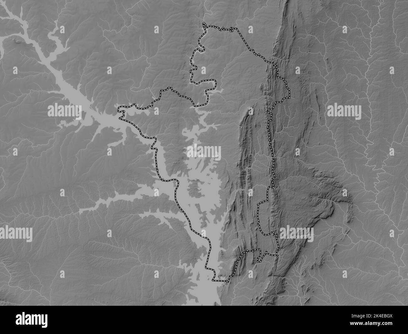 Oti, region of Ghana. Grayscale elevation map with lakes and rivers ...