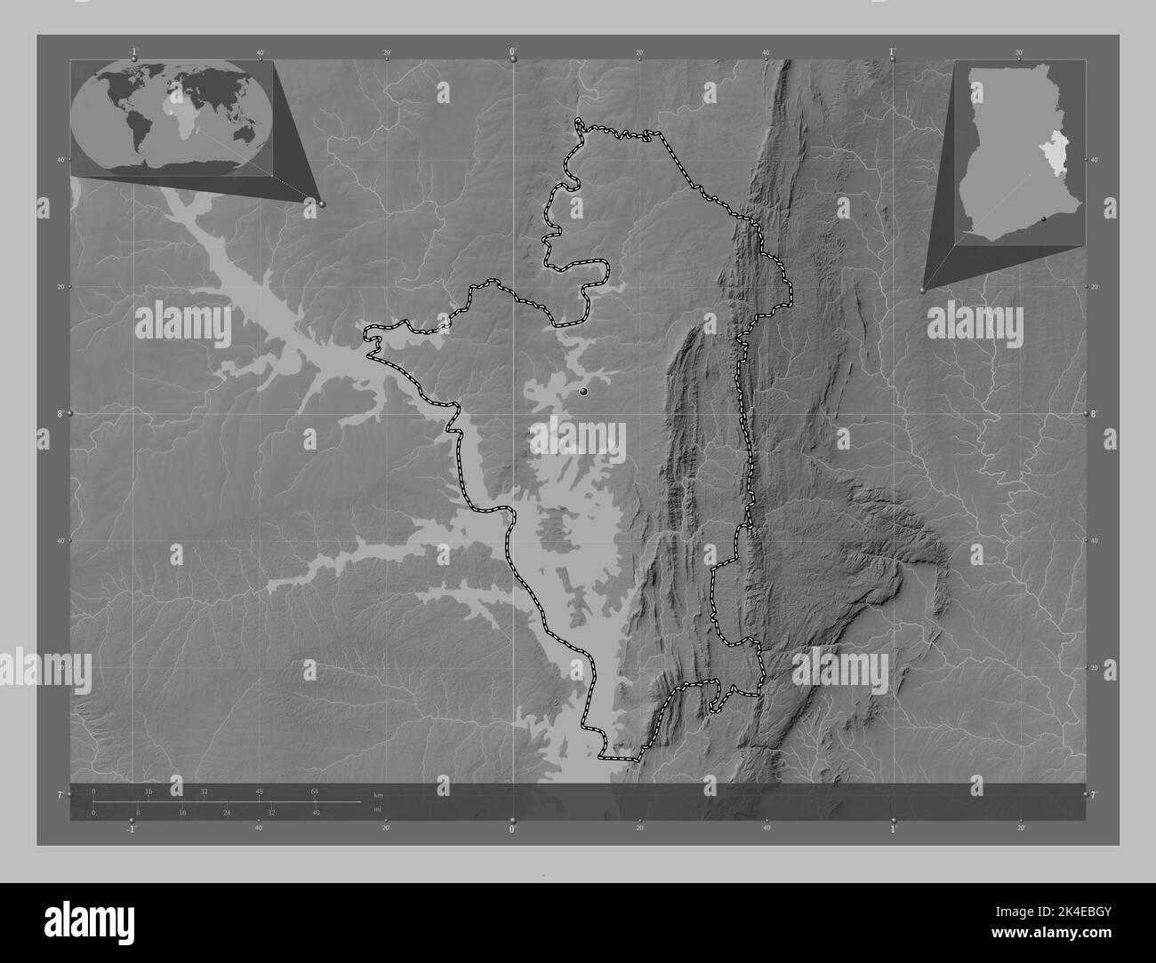 Oti, region of Ghana. Grayscale elevation map with lakes and rivers ...