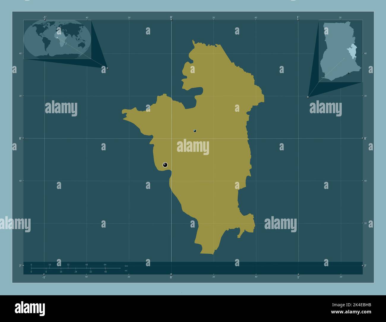 Oti, region of Ghana. Solid color shape. Locations of major cities of ...