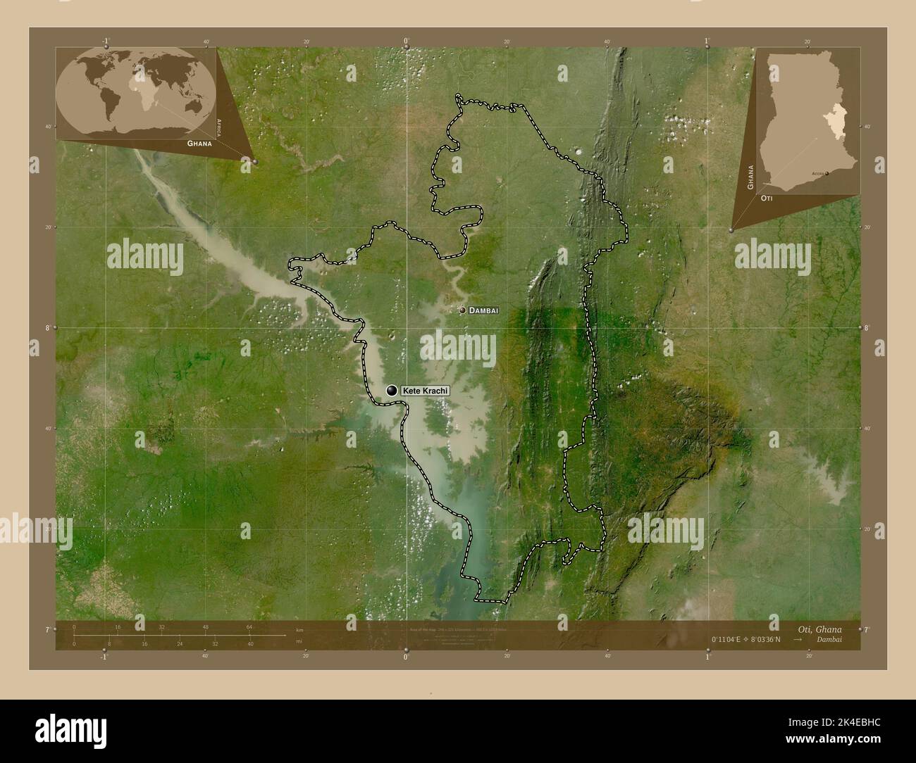 Oti, region of Ghana. Low resolution satellite map. Locations and names ...