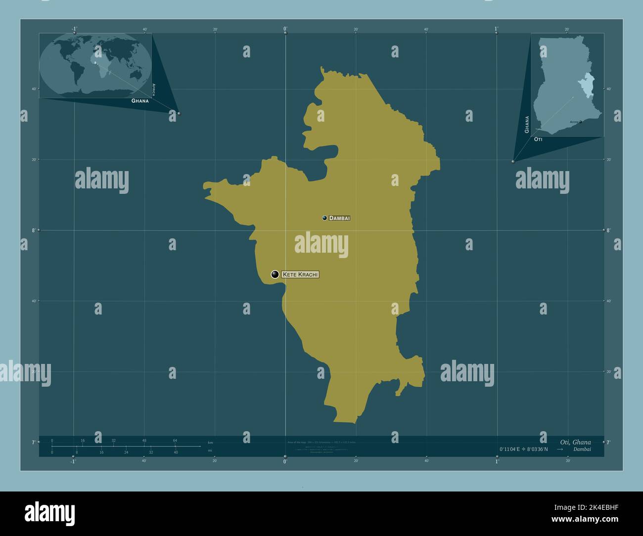 Oti, region of Ghana. Solid color shape. Locations and names of major ...