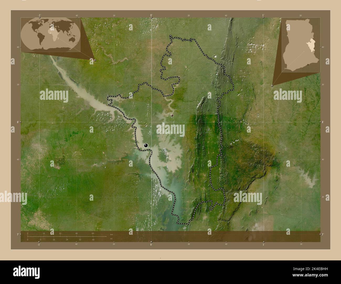 Oti, region of Ghana. Low resolution satellite map. Locations of major ...