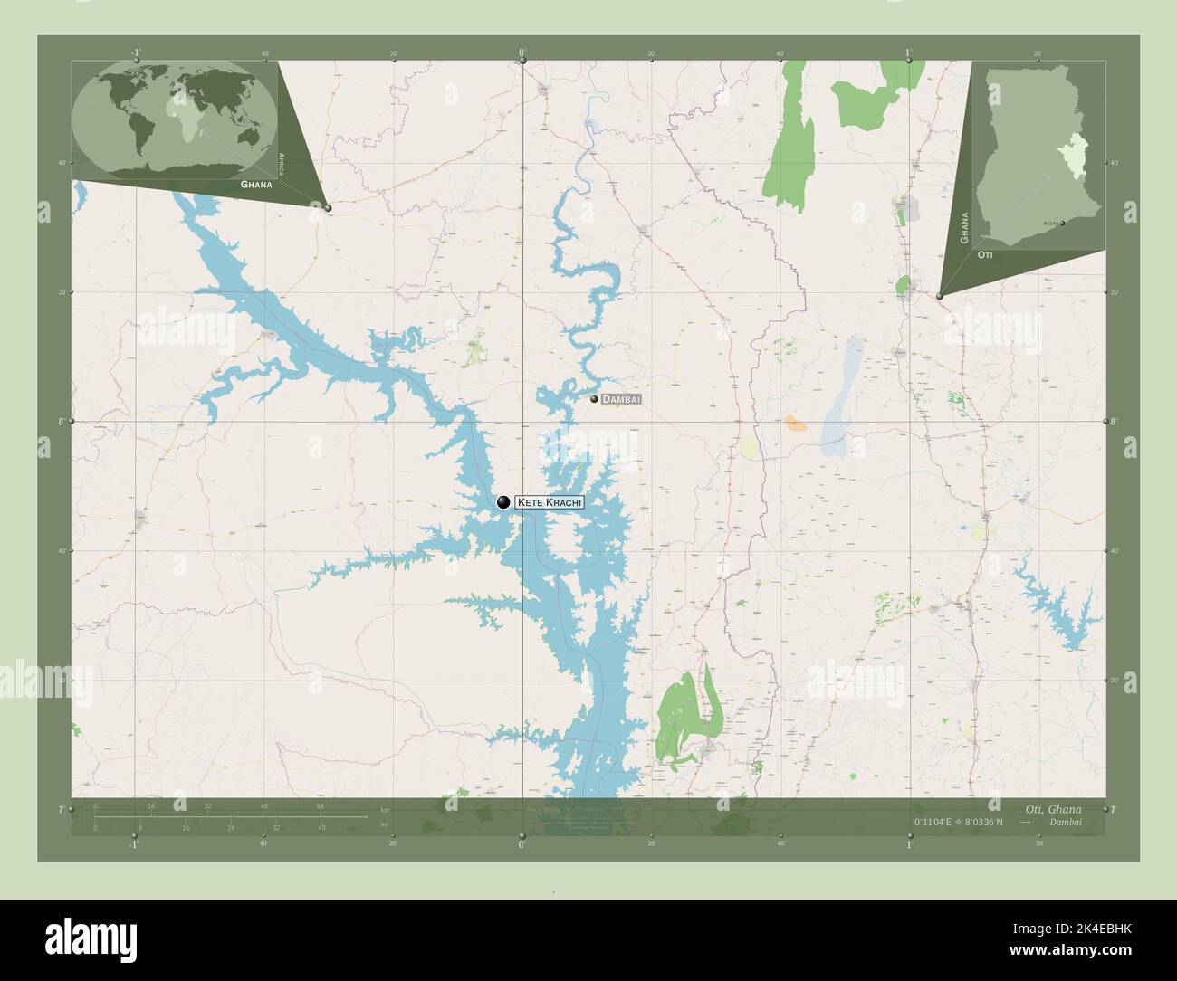 Oti, region of Ghana. Open Street Map. Locations and names of major ...