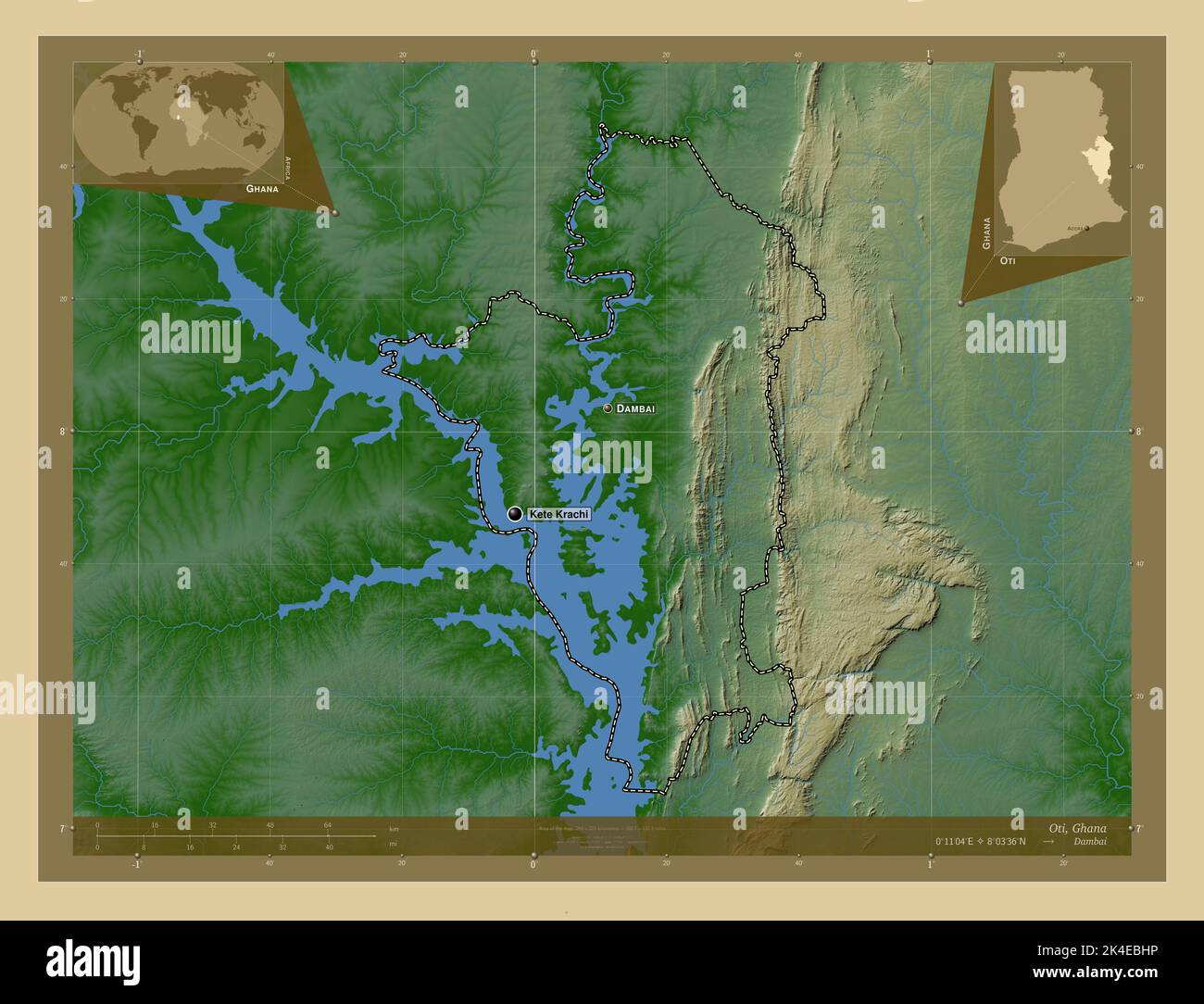 Oti, region of Ghana. Colored elevation map with lakes and rivers ...