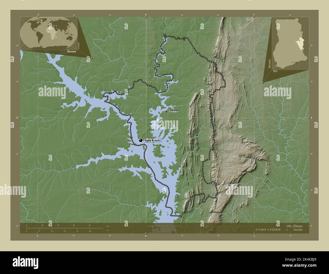 Oti, region of Ghana. Elevation map colored in wiki style with lakes ...